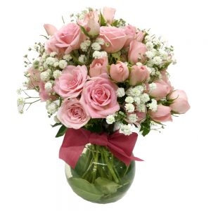 Vaso de vidro com Mini Rosas Cor de Rosas