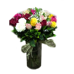 Buquê 30 Rosas em Vaso Vidro