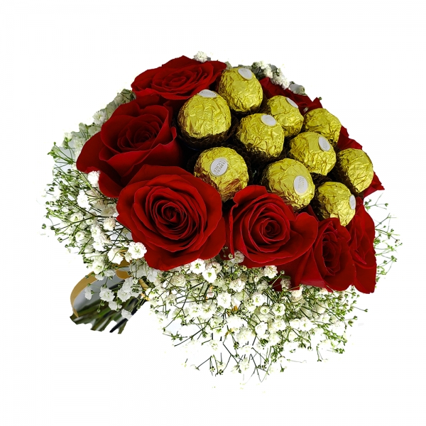 Buquê com 12 Ferrero Rocher e 10 Rosas