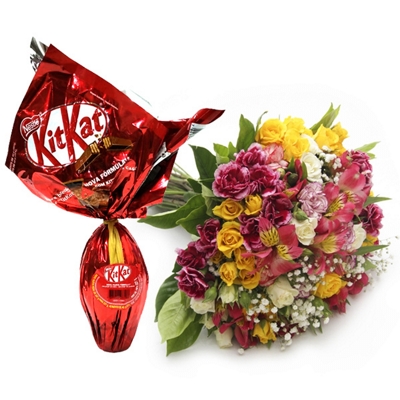 Buquê Primavera No Celofane Com Ovo De Páscoa KitKat